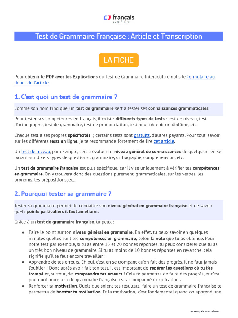 Test de Grammaire Française Interactif | PDF | Grammaire | Mécanique du ...