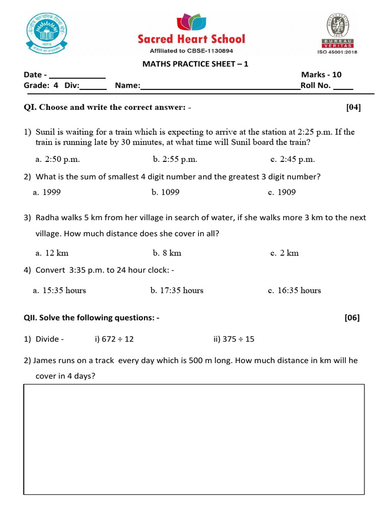 Grade 4 Maths Practice Sheet - 1 | PDF