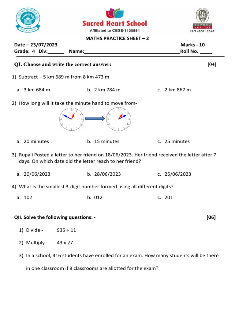 Grade 4 Maths Practice Sheet - 2 | PDF