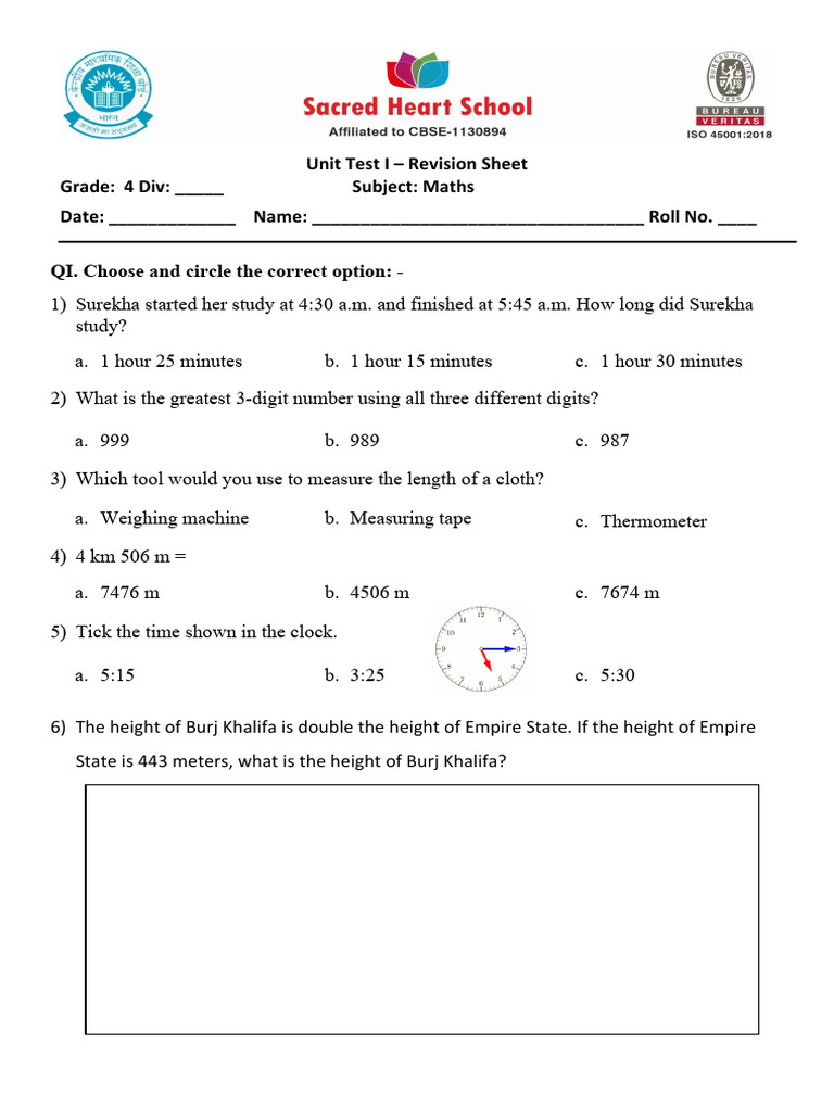 Grade 4 Maths Revision Test Paper | PDF
