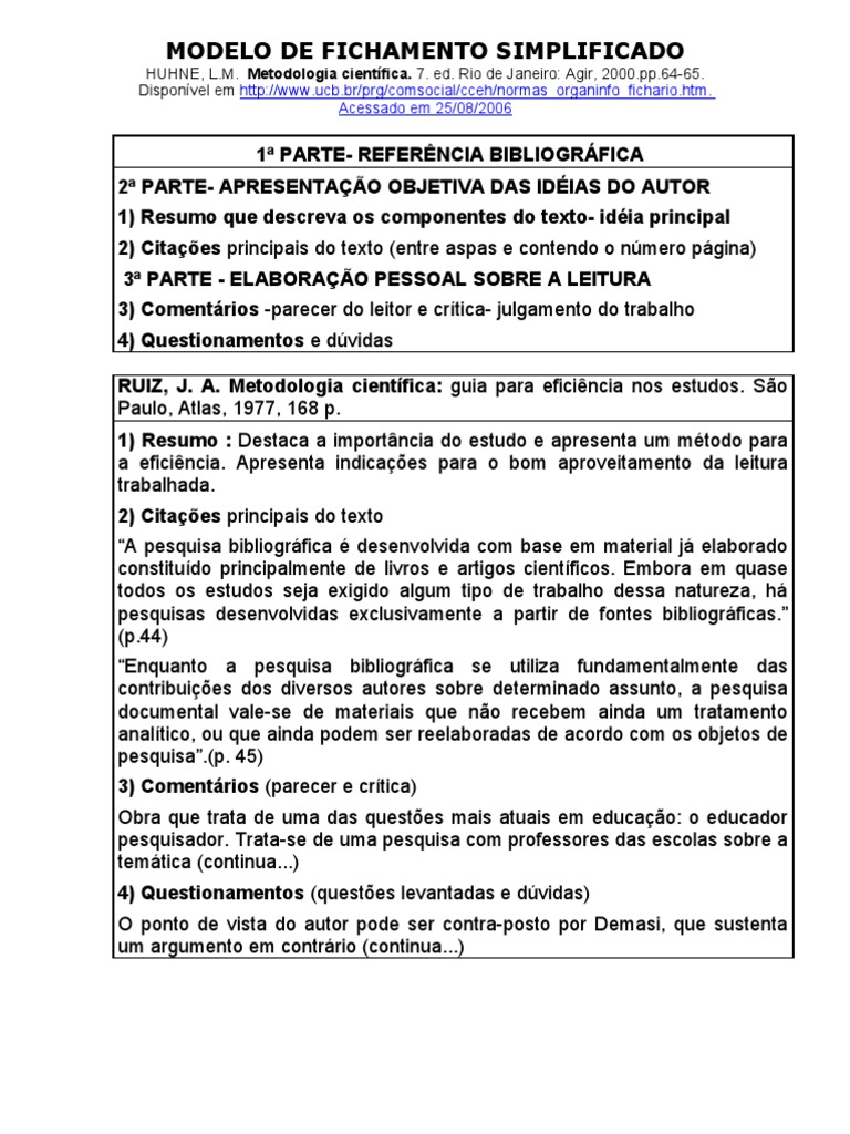 Modelo De Fichamento Simplificado Pdf Citação Realidade