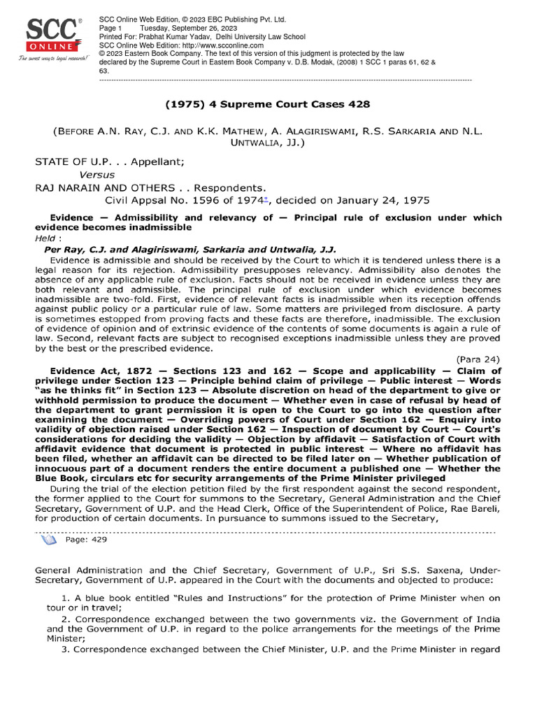 State of UP v. Raj Narain para 74 "Right To Know" | PDF | Supreme Courts | Social Institutions