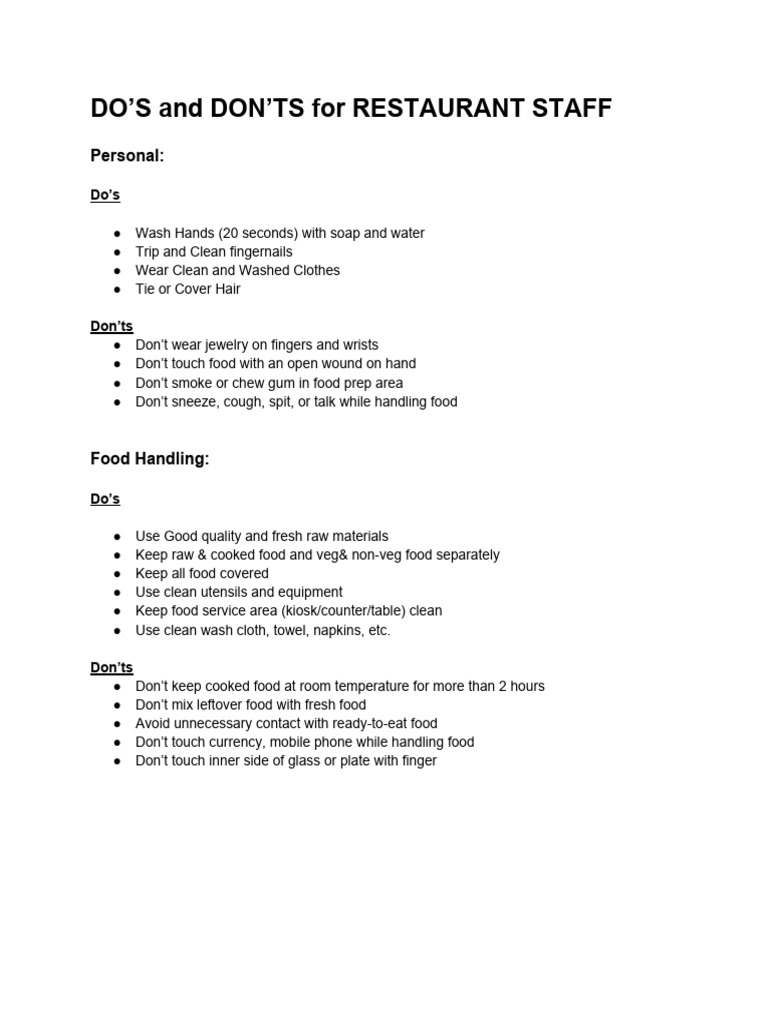Restaurant Staff Do's and Don'ts Guide | PDF