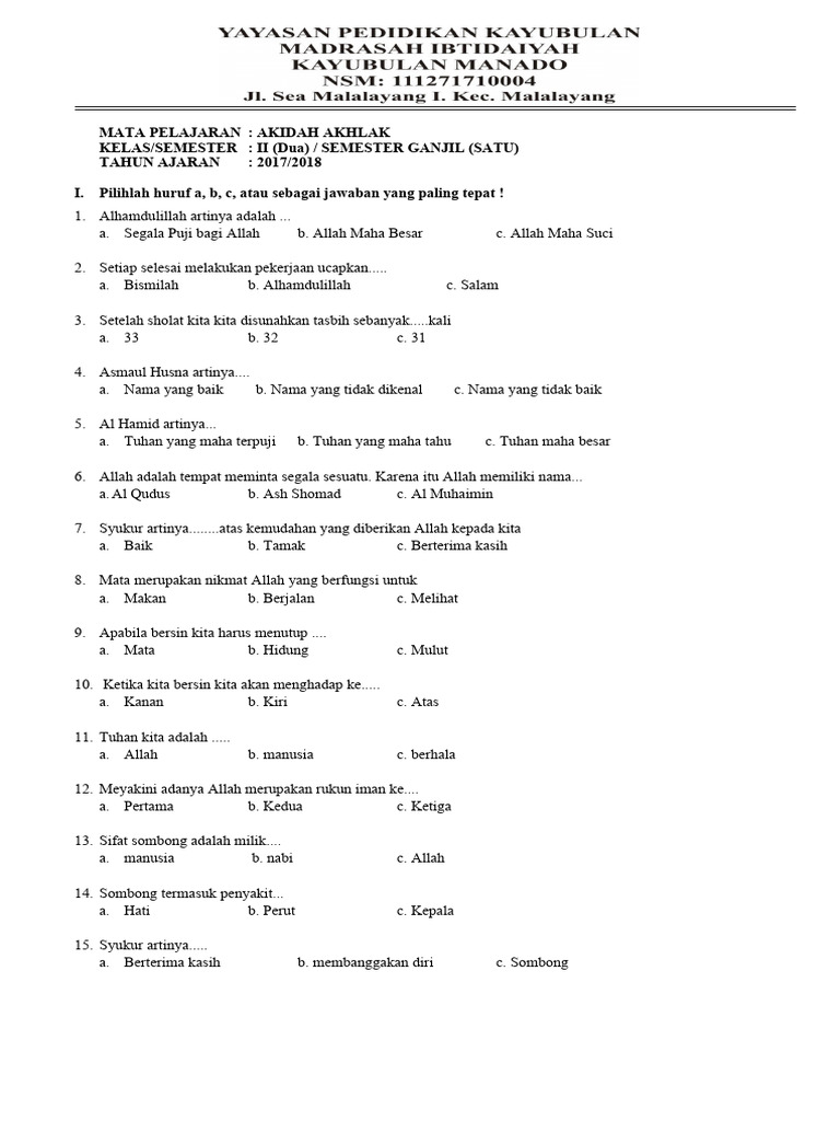 Soal Akidah Akhlak Kls II | PDF