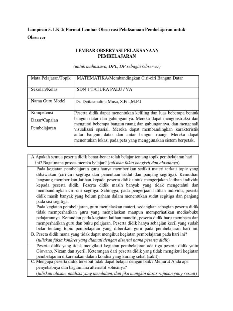 Lampiran 5. LK 4 Lembar Observasi Pelaksanaan Pembelajaran Untuk Observer | PDF