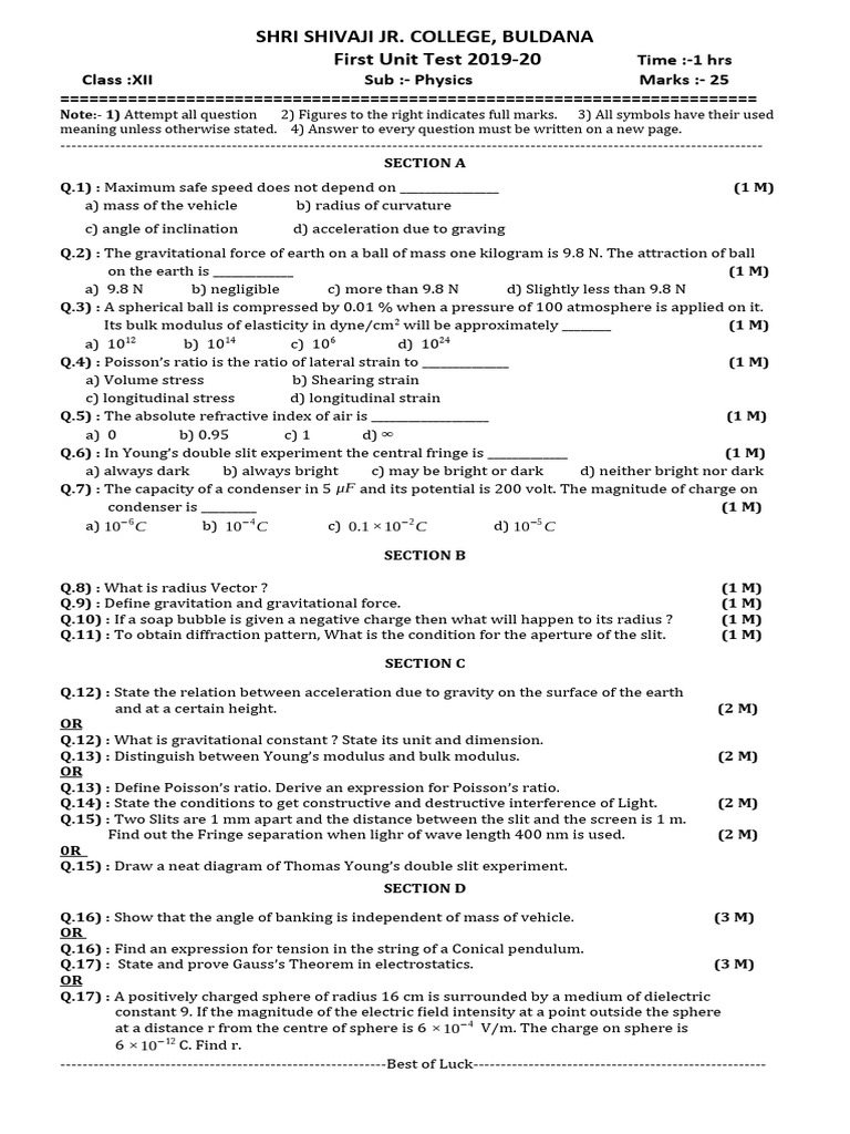 Physics Unit Test XII 2019-20 | PDF