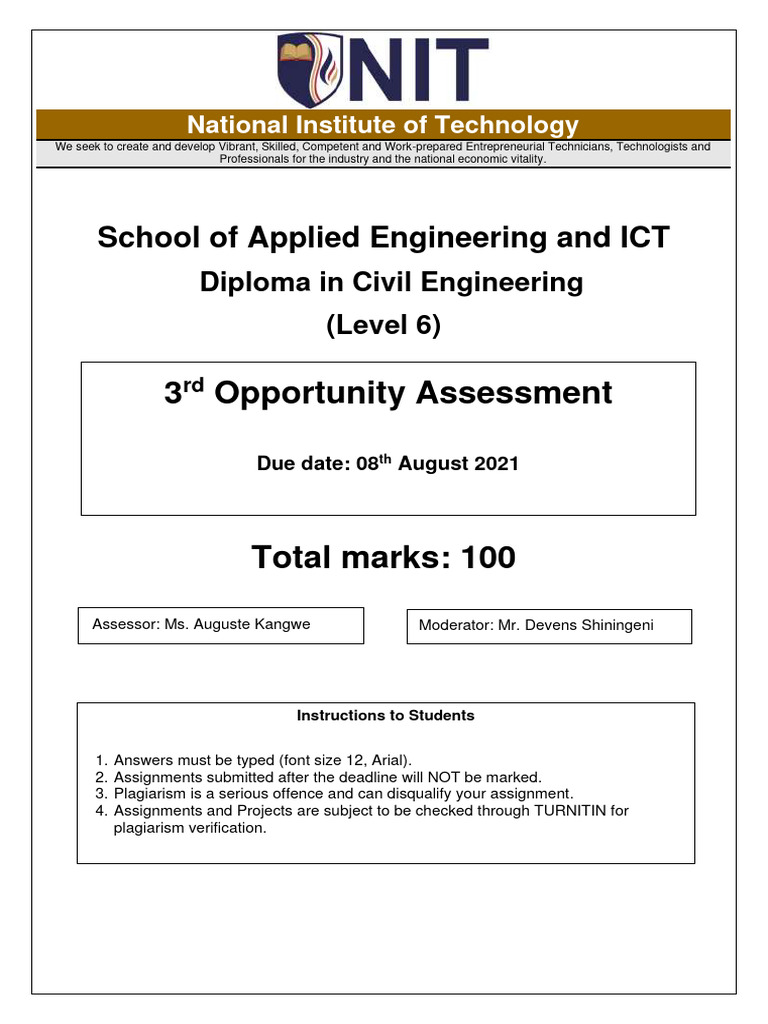 3rd Year Civil Engineering Third Opportunity Assessment. | PDF