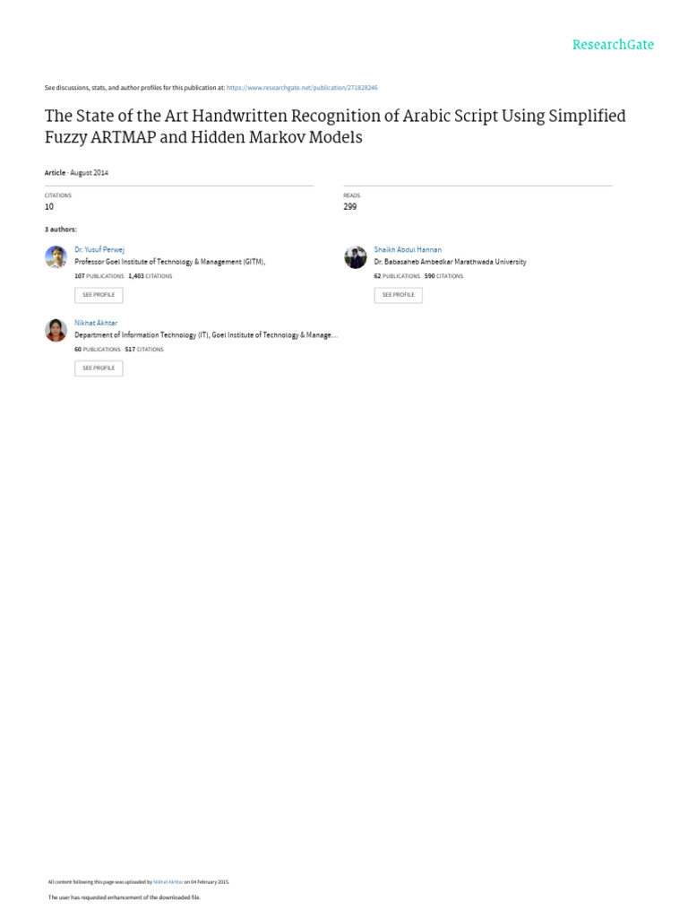 The State of The Art Handwritten Recognition of Arabic Script Using Simplified Fuzzy ARTMAP and ...