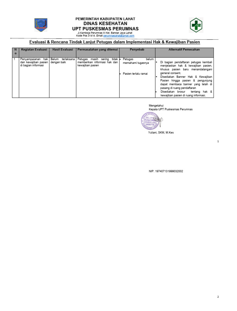 Bukti Evaluasi Kepatuhan Petugas Implementasi Hak Kewajiban Pasien | PDF
