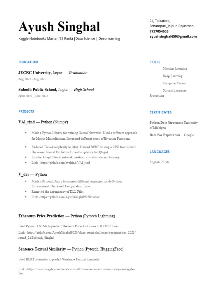 Ayush Singhal Resume | PDF Ayush Singhal Resume | PDF