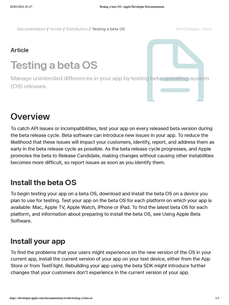 Testing A Beta OS - Apple Developer Documentation | PDF