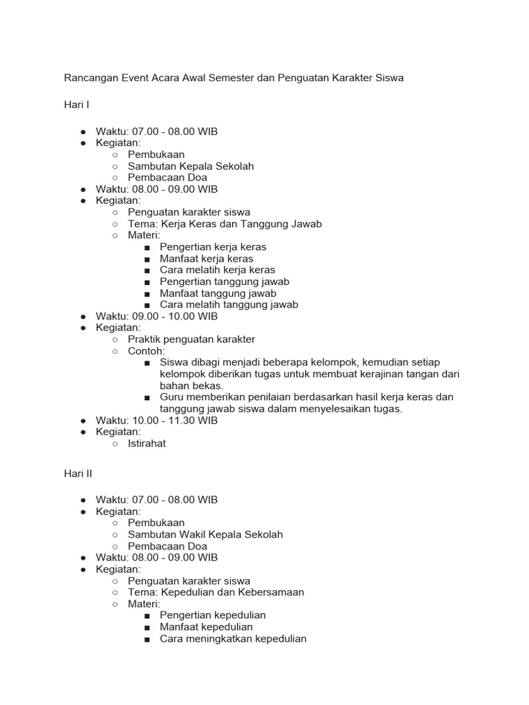 Rancangan Event Acara Awal Semester Dan Penguatan Karakter Siswa | PDF