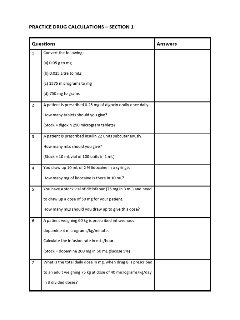 Practice Drug Calculations for Nurses | PDF | Intravenous Therapy | Litre