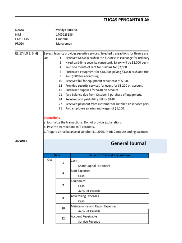 Tugas Pengantar Akuntansi-1 | PDF | Debits And Credits | Expense