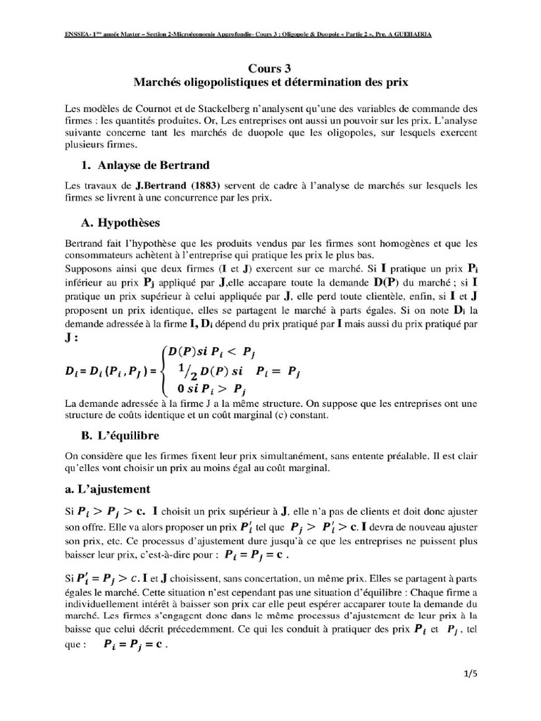 Cours 3 - Oligopole & Duopole - Partie 2 - (2016) | PDF