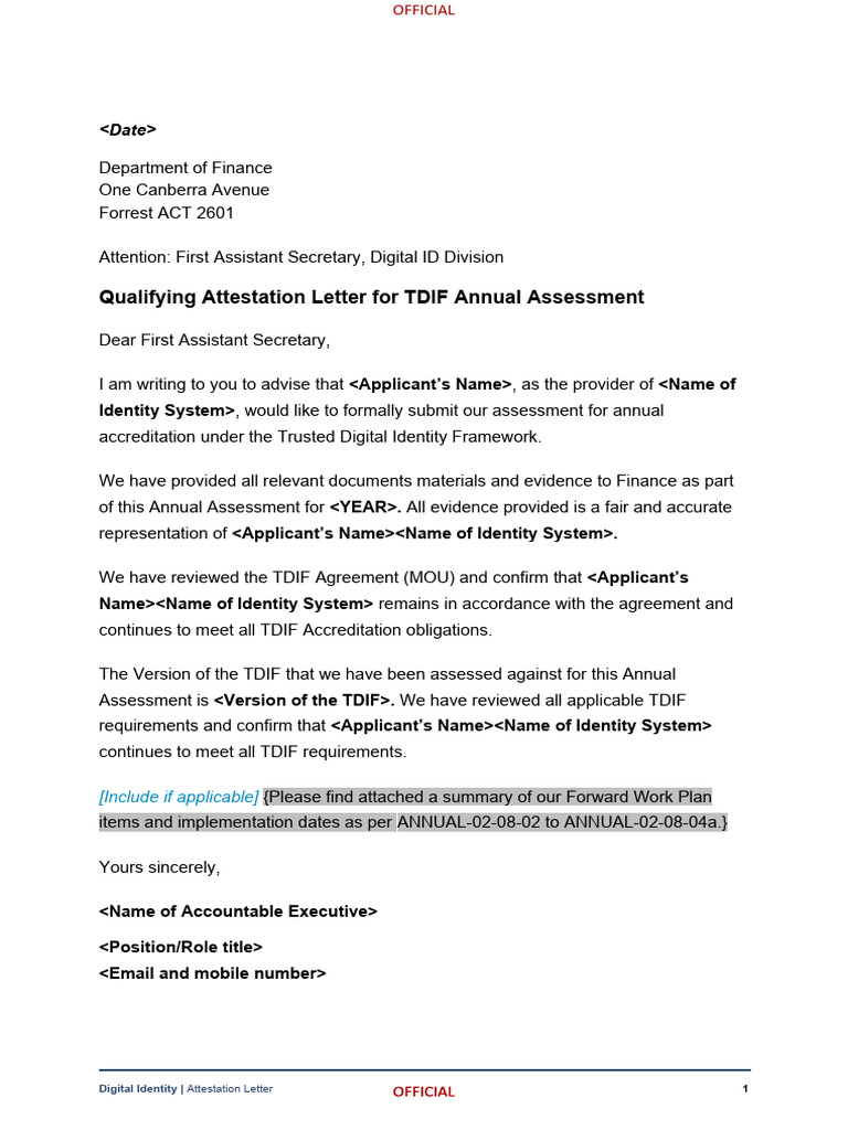 Tdif - Attestation Letter Annual Assessment - Template - Finance | PDF