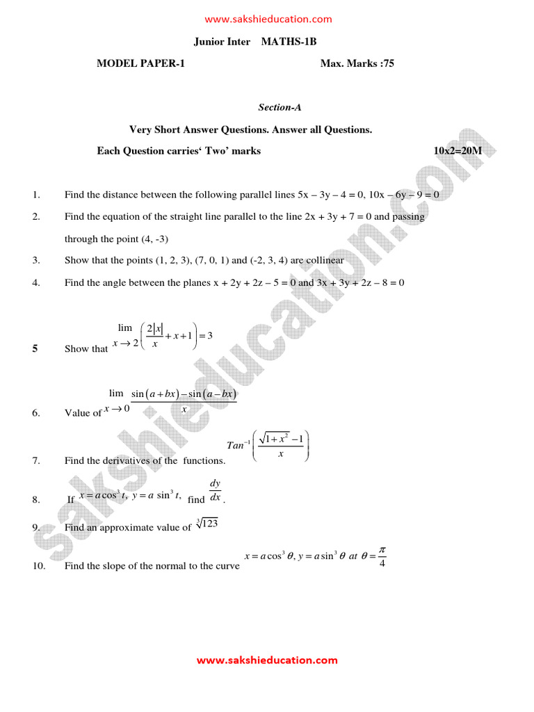 Junior Inter Maths Model Paper | PDF