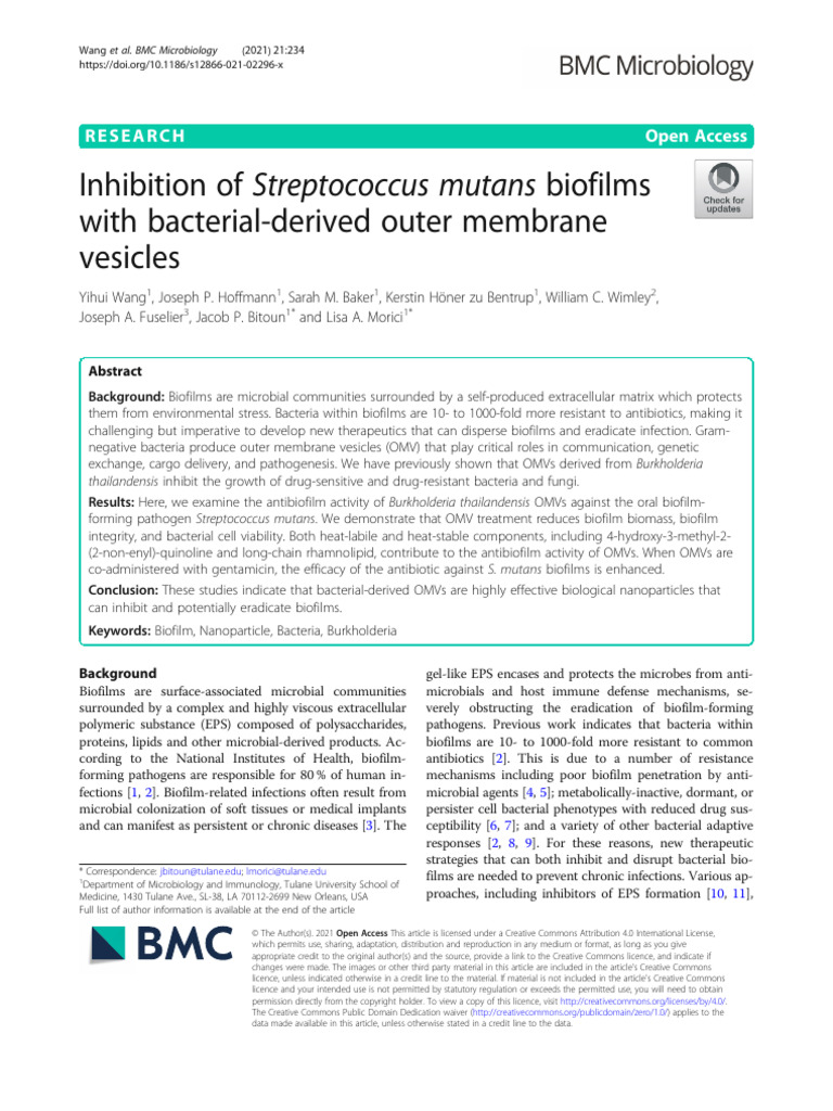 I - Inhibition of Streptococcus Mutans Biofilms With Bacterial-Derived Outer Membrane Vesicles ...