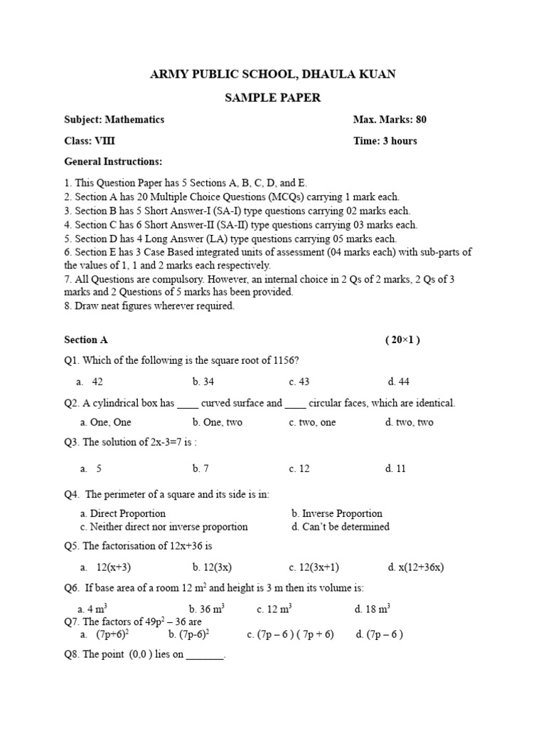 Maths Sample Paper - Class 8 APS DK | PDF | Area | Mathematical Concepts