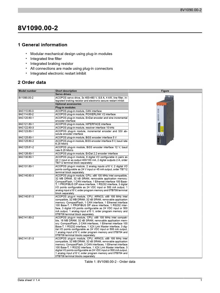 ACOPOS 8V1090.00-2 Servo Drive Data Sheet | PDF | Mains Electricity ...