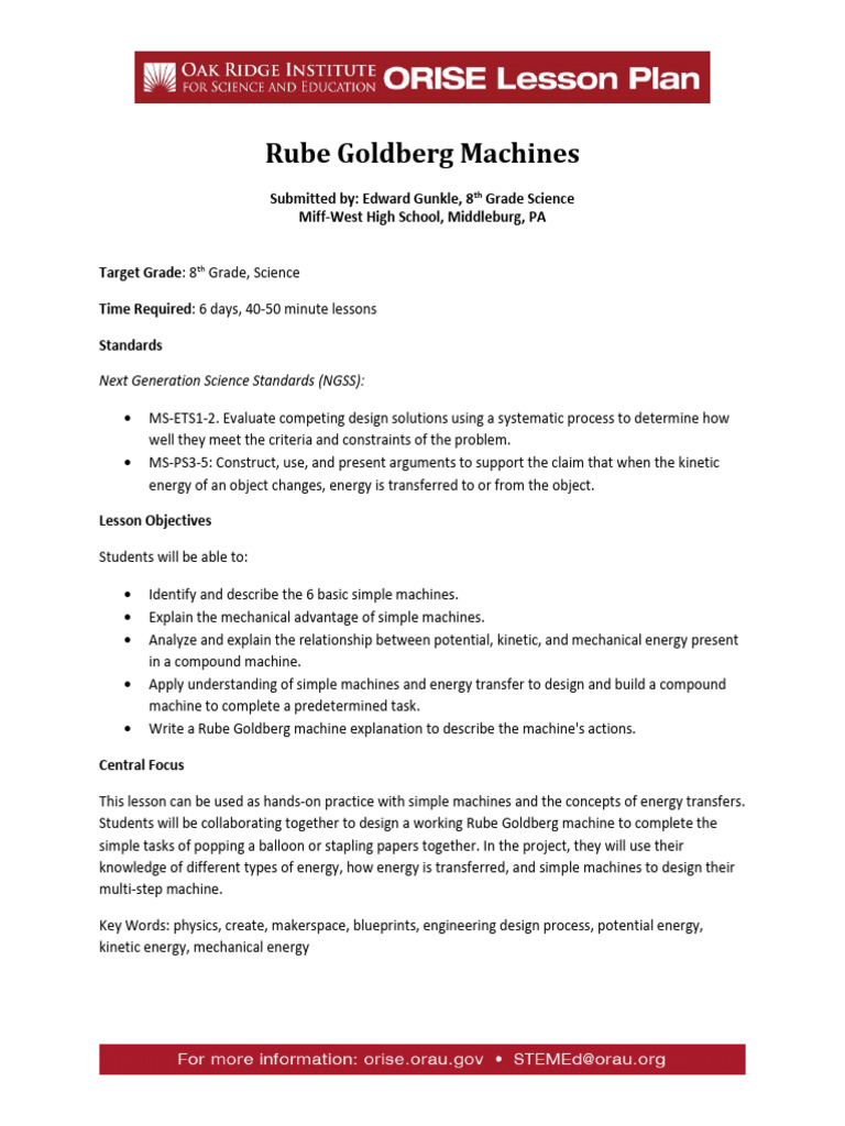 Rube Goldberg Machines Complete Lesson Plan | PDF | Kinetic Energy ...
