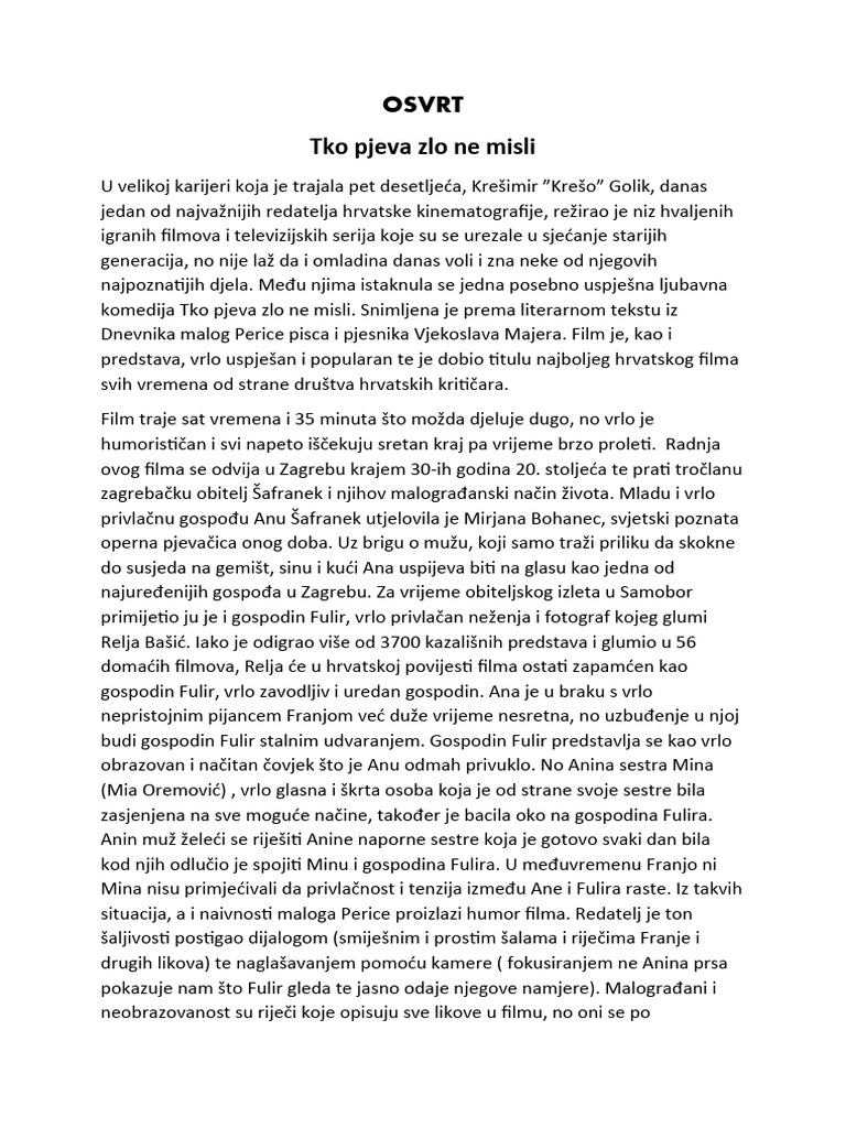 Osvrt Na Film Tko Pjeva Zlo Ne Misli | PDF