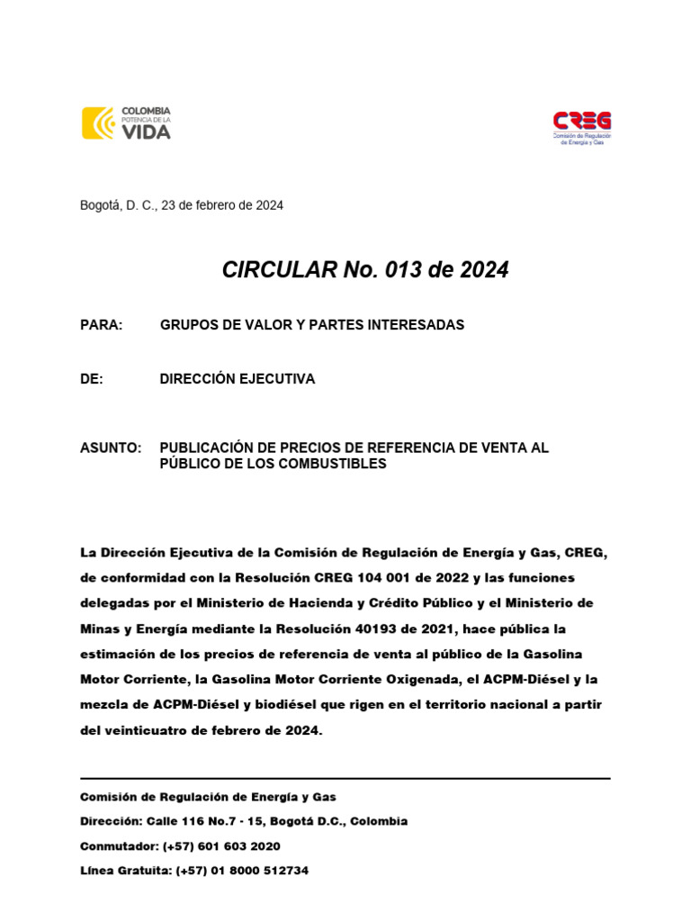 Circular CREG 013 2024 | PDF | Biocombustible | Colombia