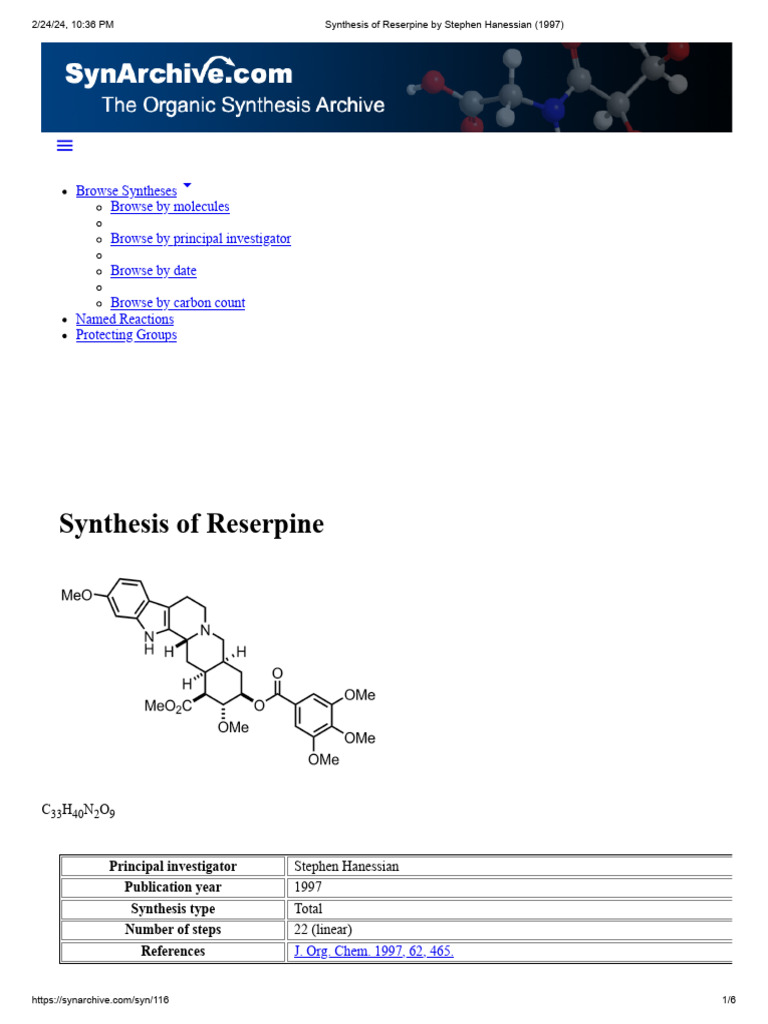Synthesis of Reserpine by Stephen Hanessian (1997) | PDF | Hydrogen ...