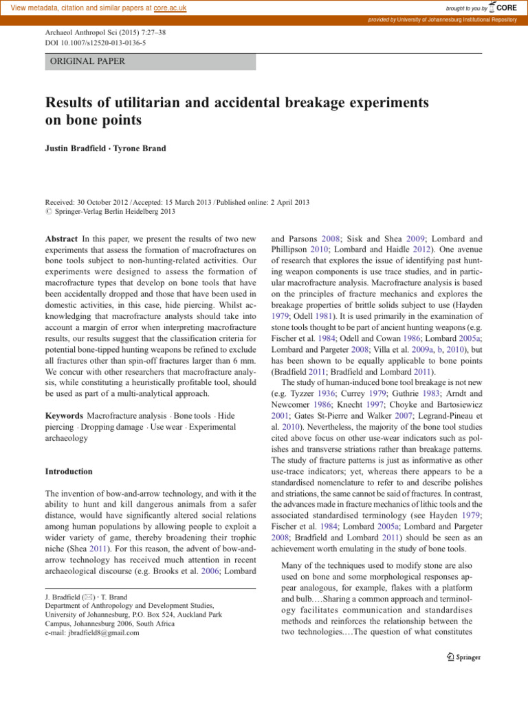 Results of Utilitarian and Accidental Breakage Experiments On Bone ...