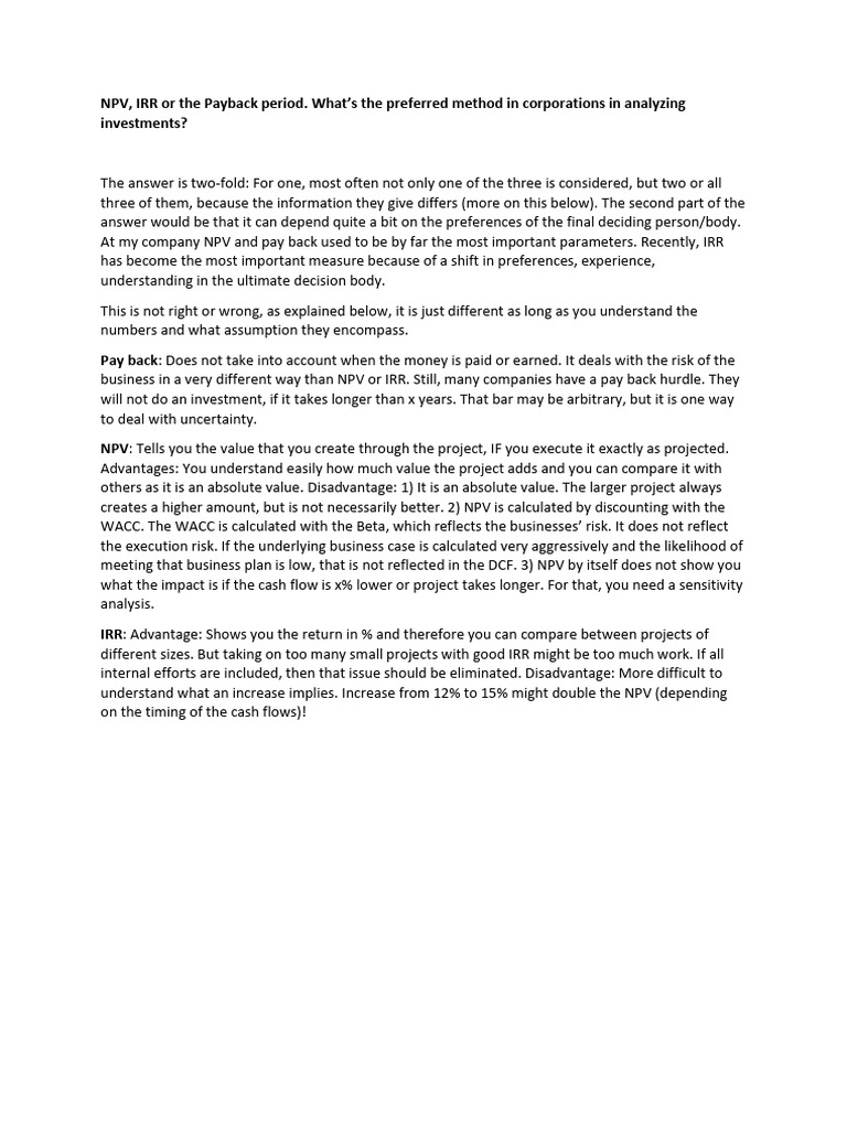 NPV IRR and PBT | PDF