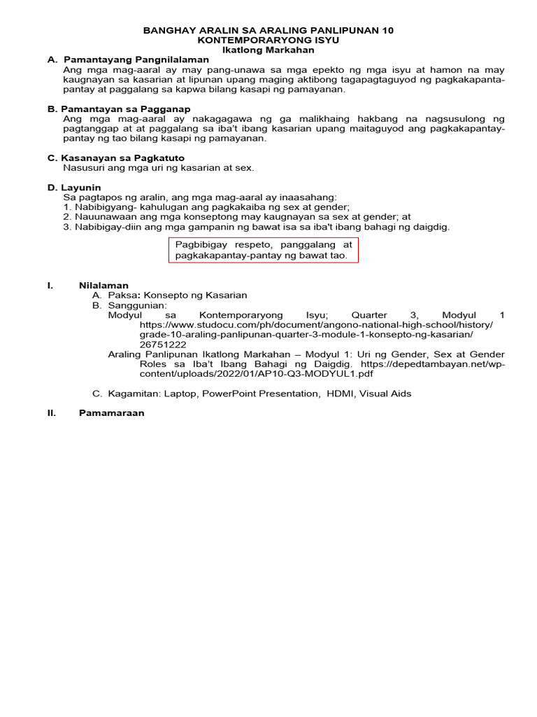 Banghay Aralin Sa Araling Panlipunan 10 Kontemporaryong Isyu Ikatlong Markahan A. Pamantayang ...