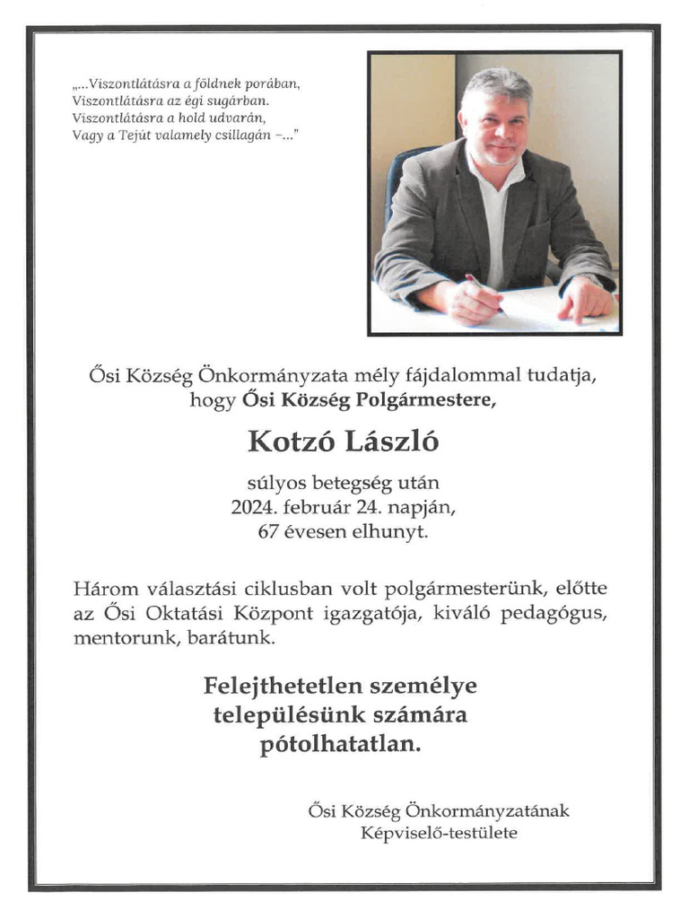 Gyászhír: Meghalt Kotzó László Polgármester | PDF