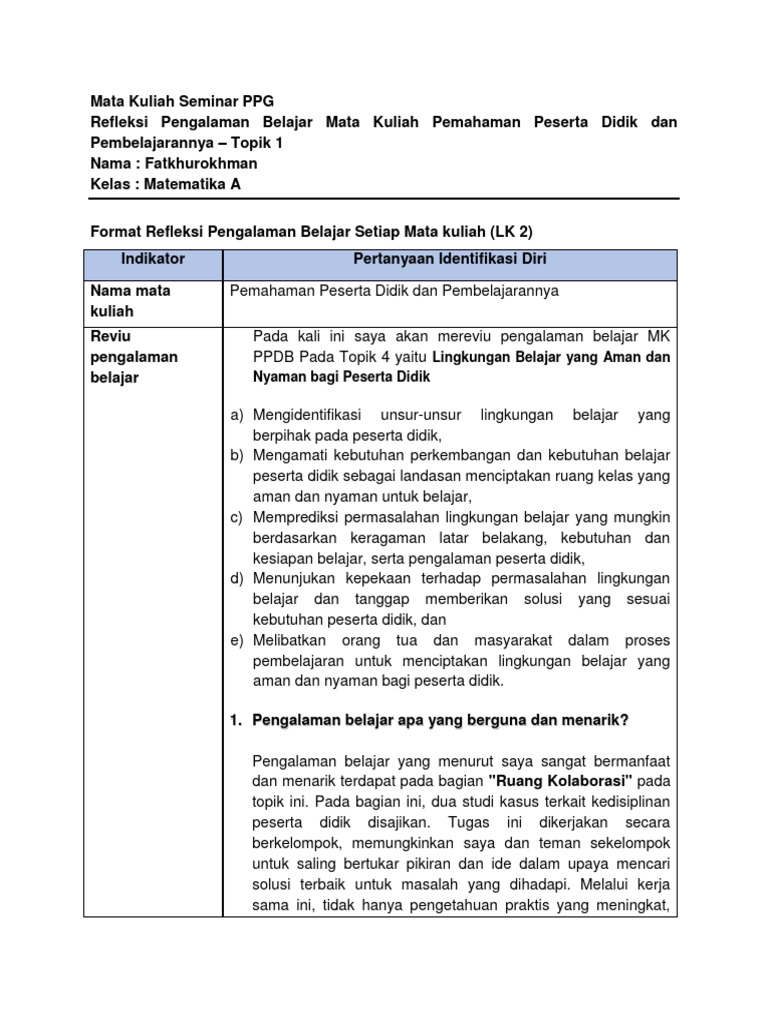 Refleksi Pembelajaran MK PPG Matematika | PDF