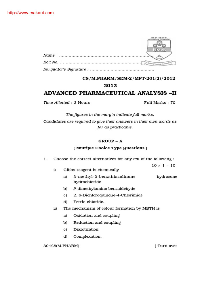 Mpharm MPT 201 (2) Advanced Pharmaceutical Analysis 2 2012 | PDF | Spectroscopy | X Ray ...