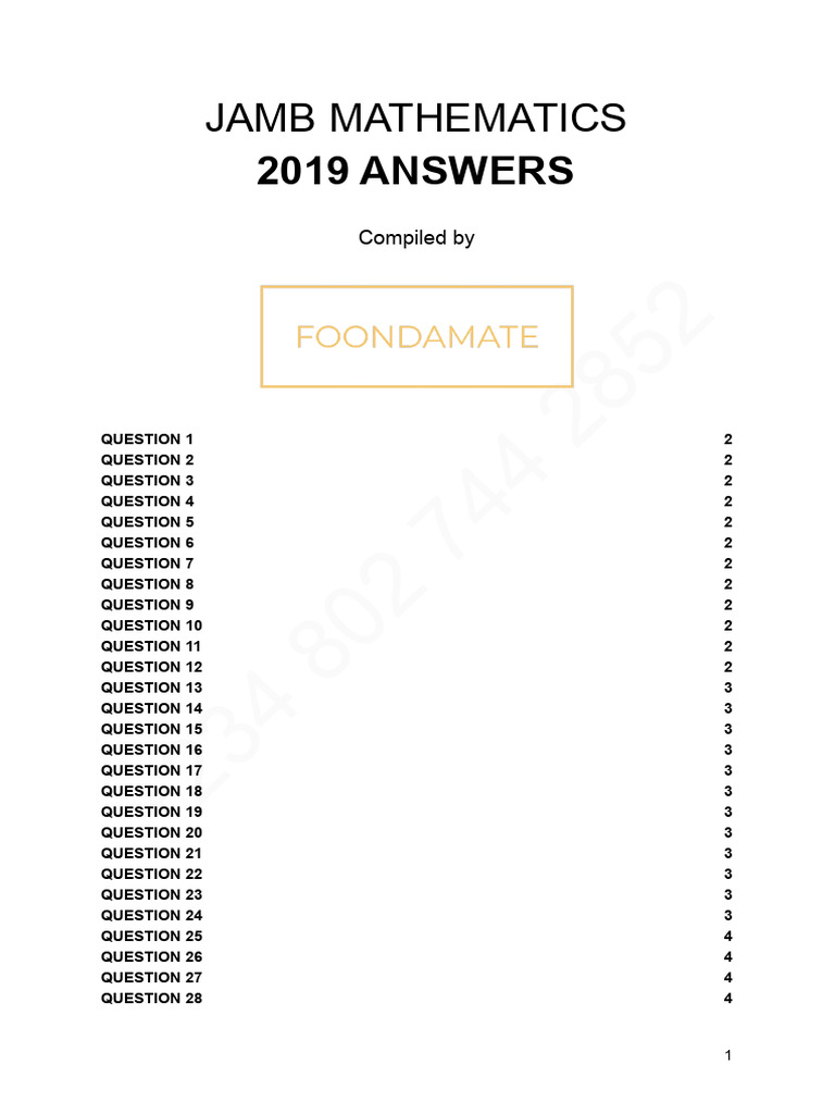 Jamb Mathematics 2019 Answers | PDF