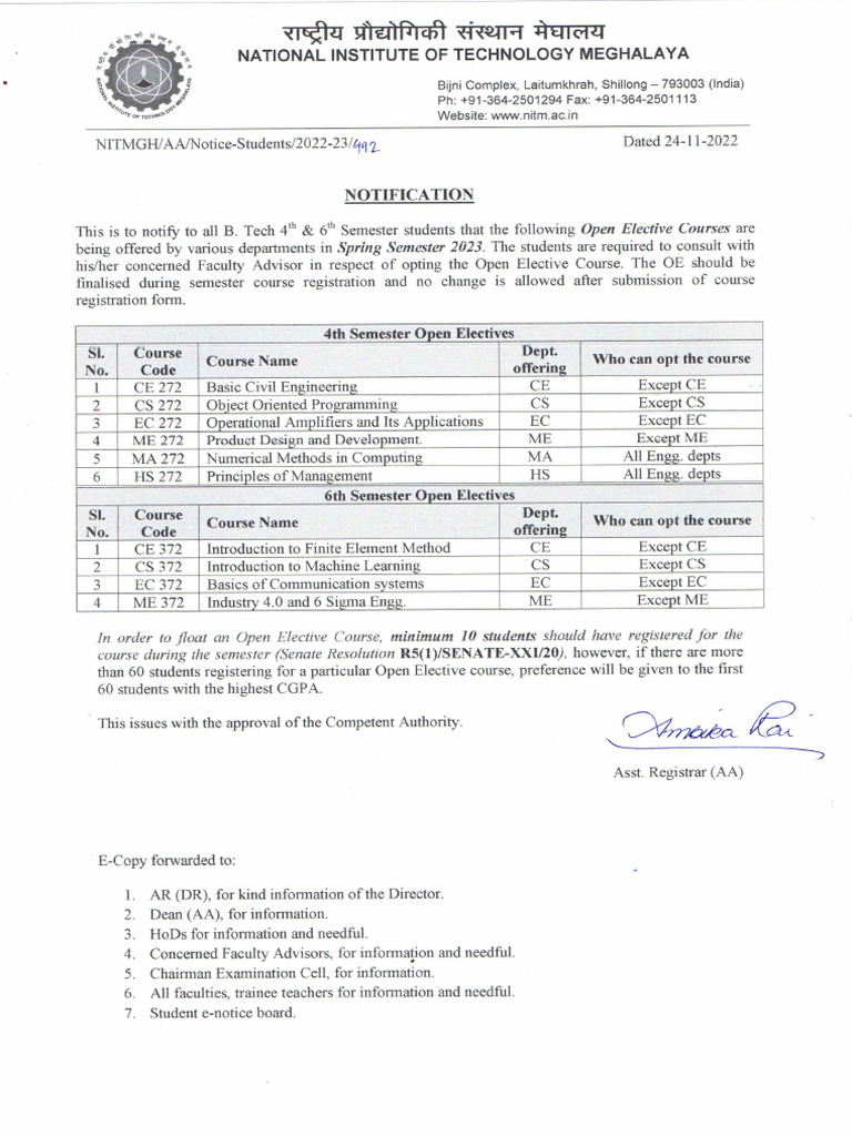 Notification On Open Elective (B.tech 4th and 6th Sem) - Spring 2023 | PDF