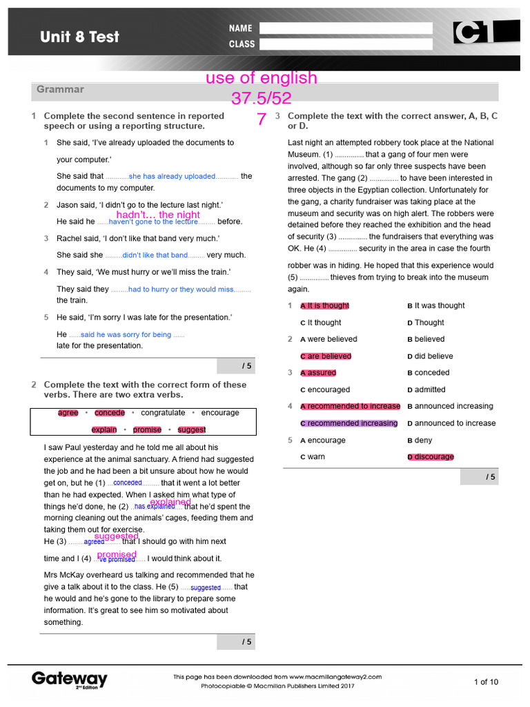 UNIT 8 Test Advanced | PDF