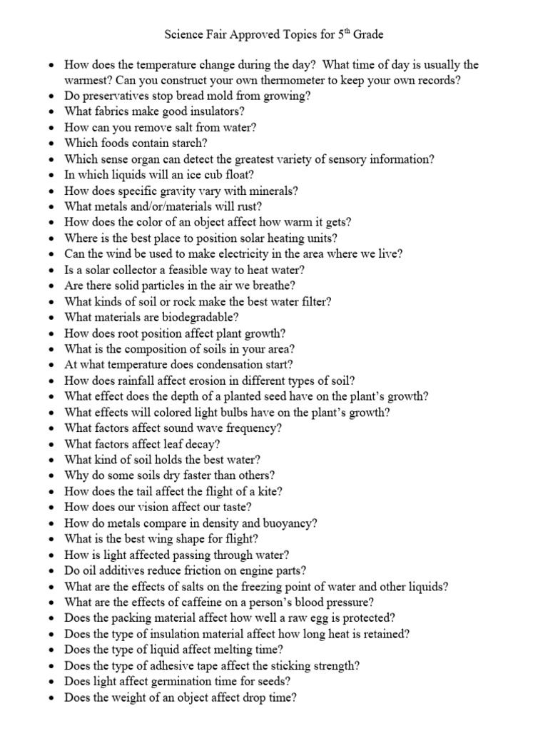 Science Fair Approved Topics For 5th Grade | PDF | Water | Soil
