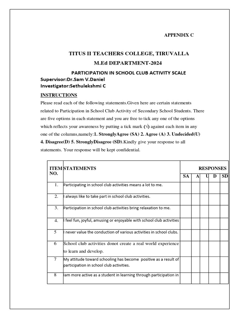 School Club Activity Participation Scale | PDF | Teaching | Pedagogy