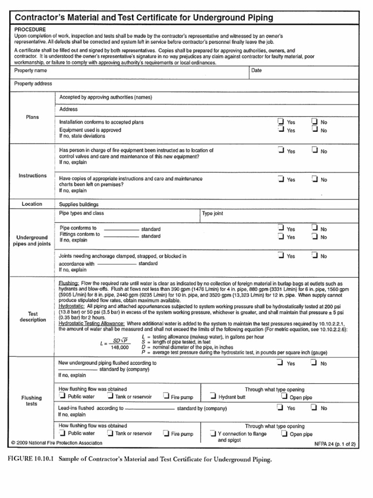 NFPA 24 Contractor's Material and Test Certificate For Underground ...