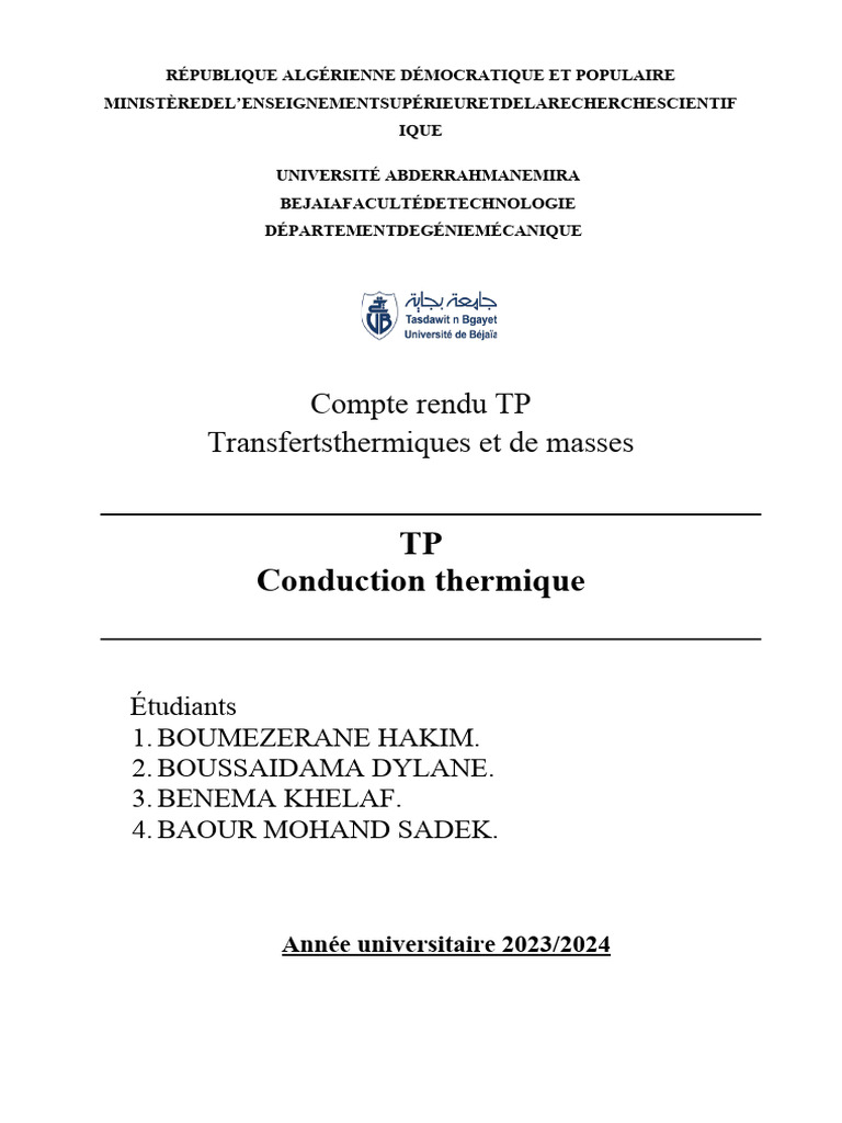 TP Conduction Thermique. | PDF | Conductivité thermique | Chaleur