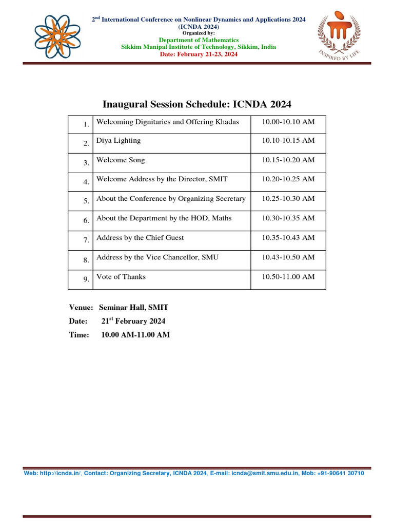 Inaugural Session Schedule ICNDA 2024 | PDF