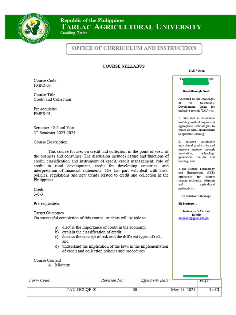 Credit and Collection Course Syllabus | PDF | Curriculum | Sustainability
