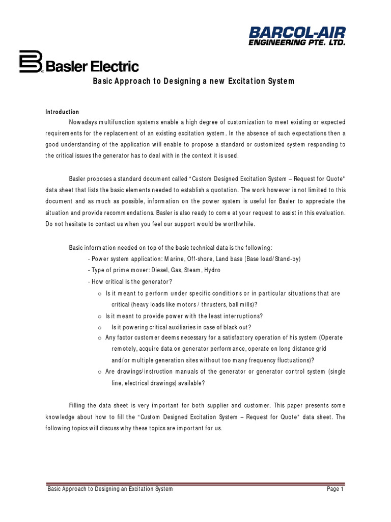 RFQ - Basic Approach Designing of Excitation System - Barcol March 13 ...