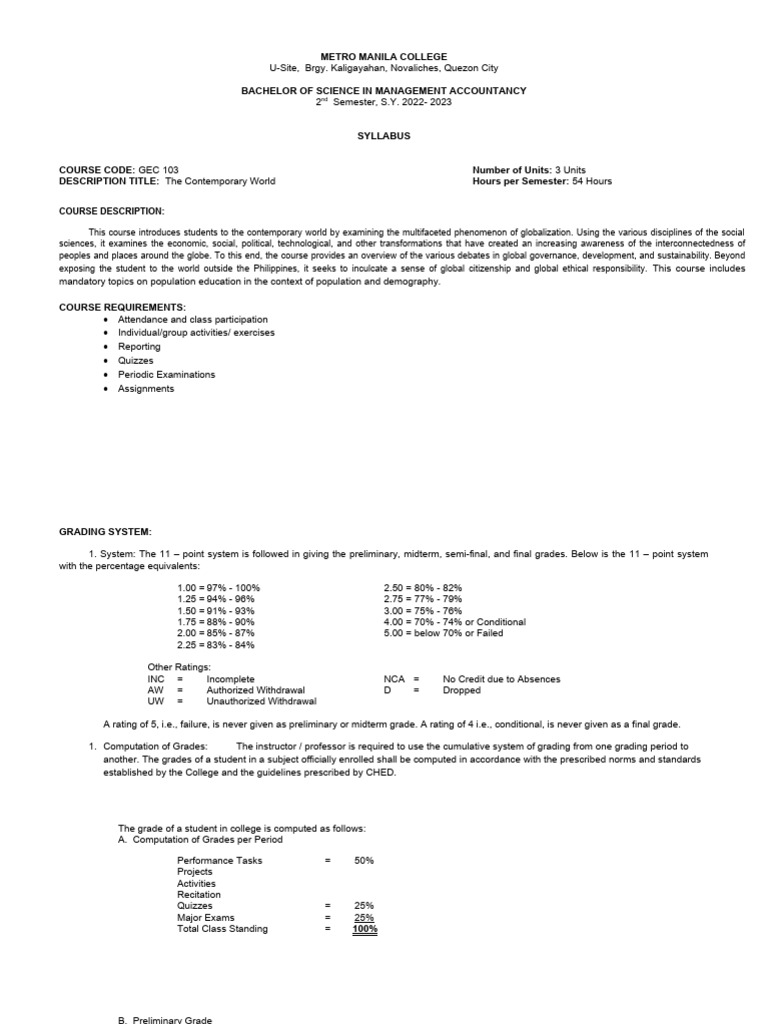 GEC 103: The Contemporary World Syllabus | PDF | Globalization | Curriculum