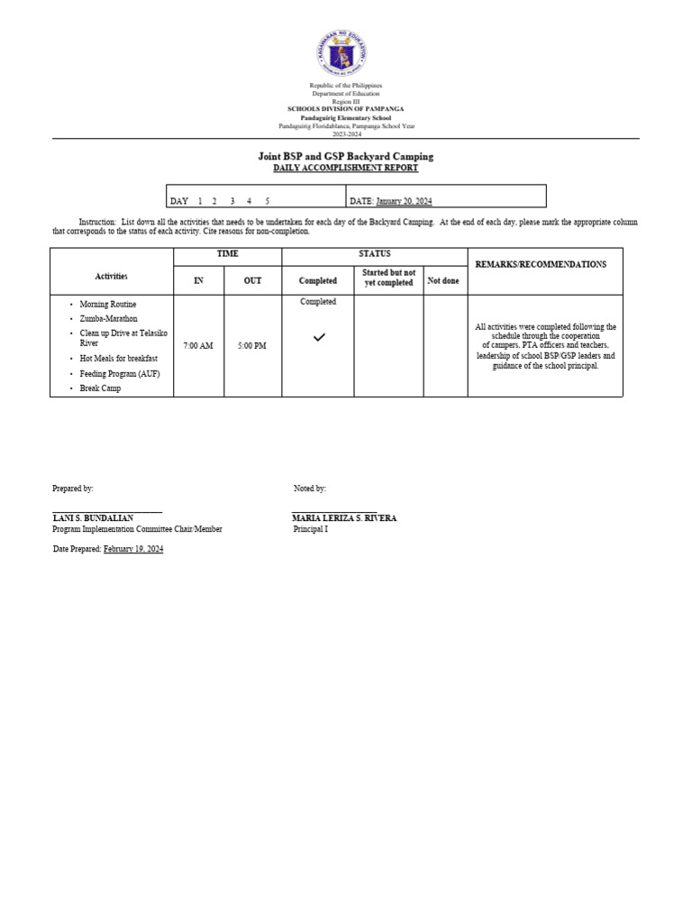 LANI S BUNDALIAN Accomplishment Report BSP GSP Encampment 1-20-2024 | PDF | Camping | Adventure ...