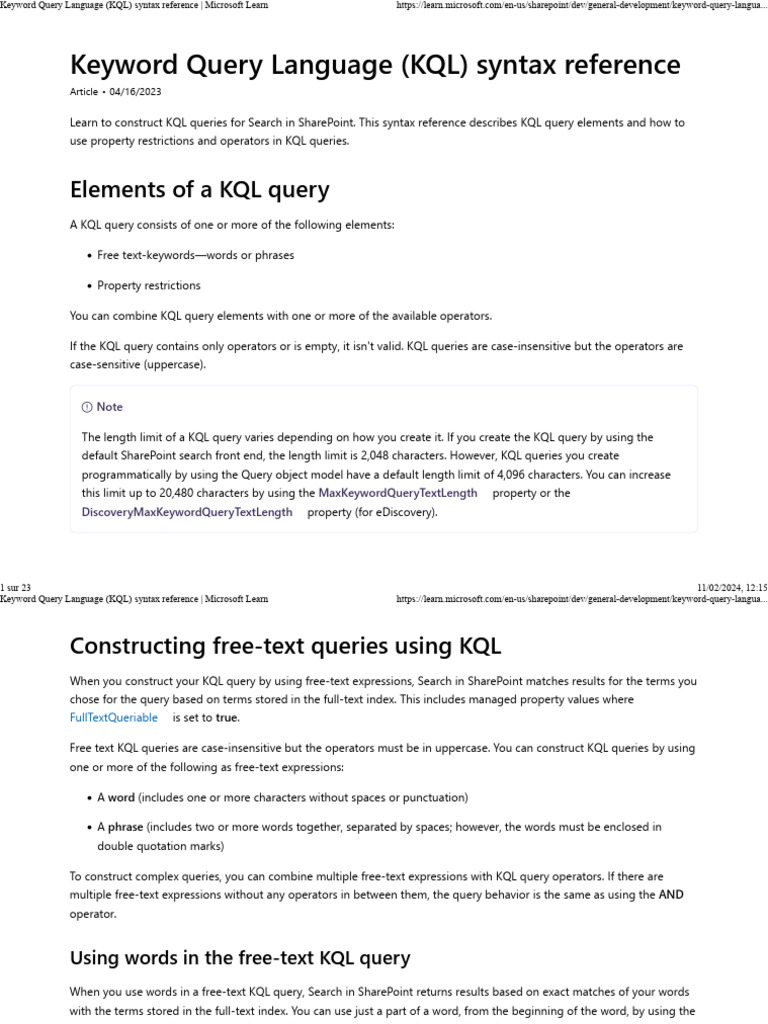 Keyword Query Language (KQL) Syntax Reference Microsoft Learn | PDF ... Keyword Query Language (KQL) Syntax Reference Microsoft Learn | PDF ...