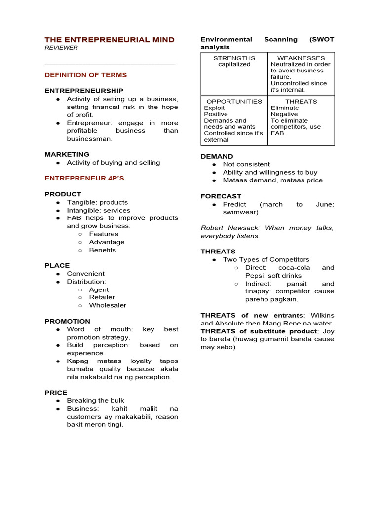 Entrep. Reviewer Lesson-1 | PDF | Entrepreneurship | Strategic Management