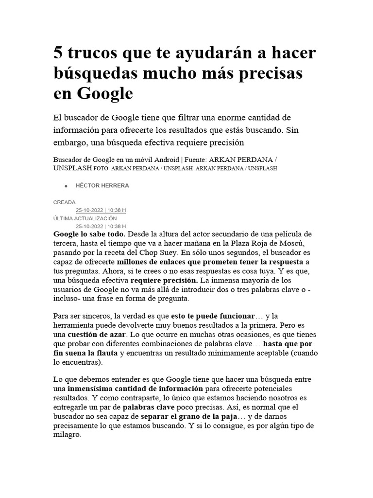 5 Trucos Que Te Ayudarán A Hacer Búsquedas Mucho Más Precisas en Google | PDF
