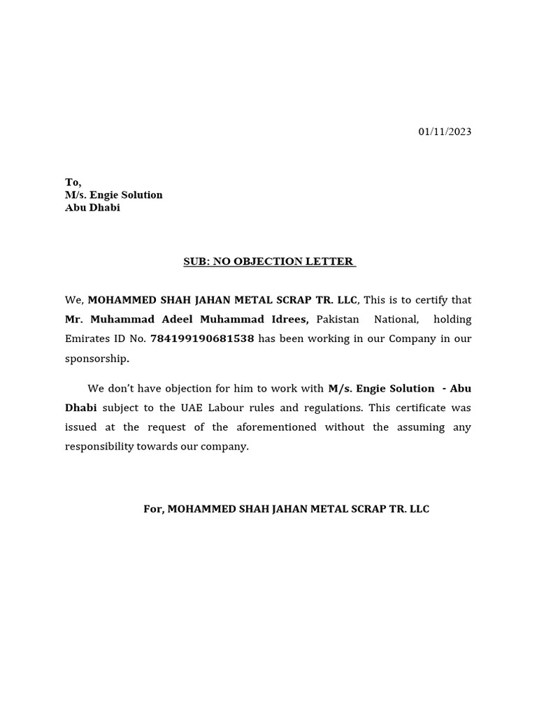 No Objection Letter | PDF | United Arab Emirates | Asia